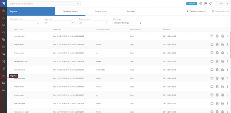 Reports menu – FMS documentation
